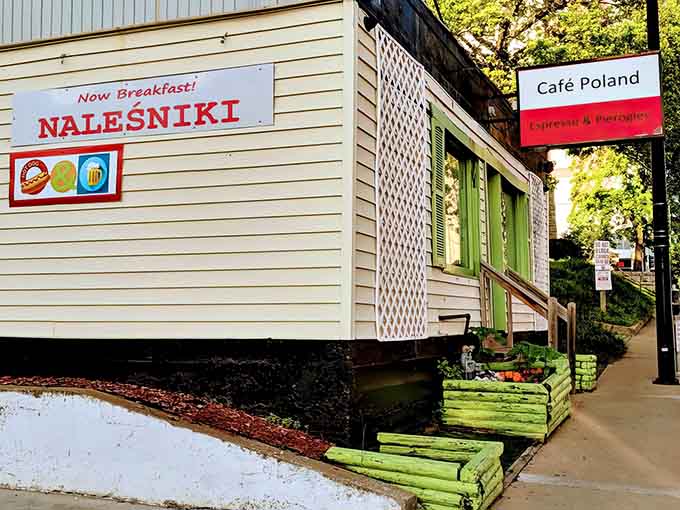 The exterior announces breakfast with nalesniki, because starting your day with Polish crepes is absolutely the right life choice.