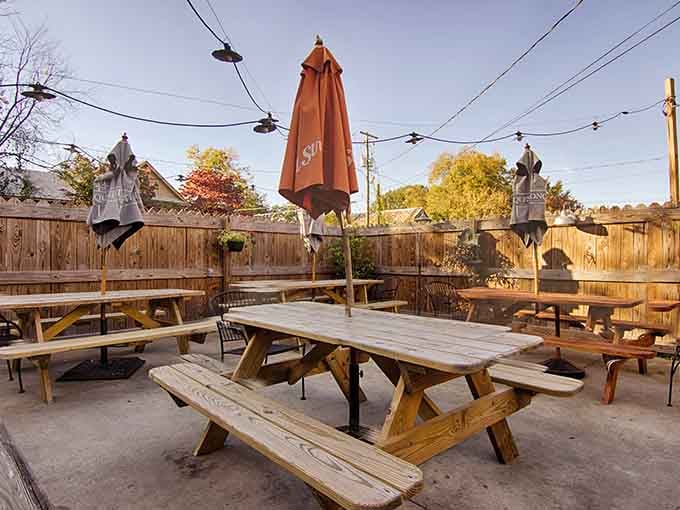 The outdoor patio offers fresh air and picnic tables for when you need space to tackle those portions.