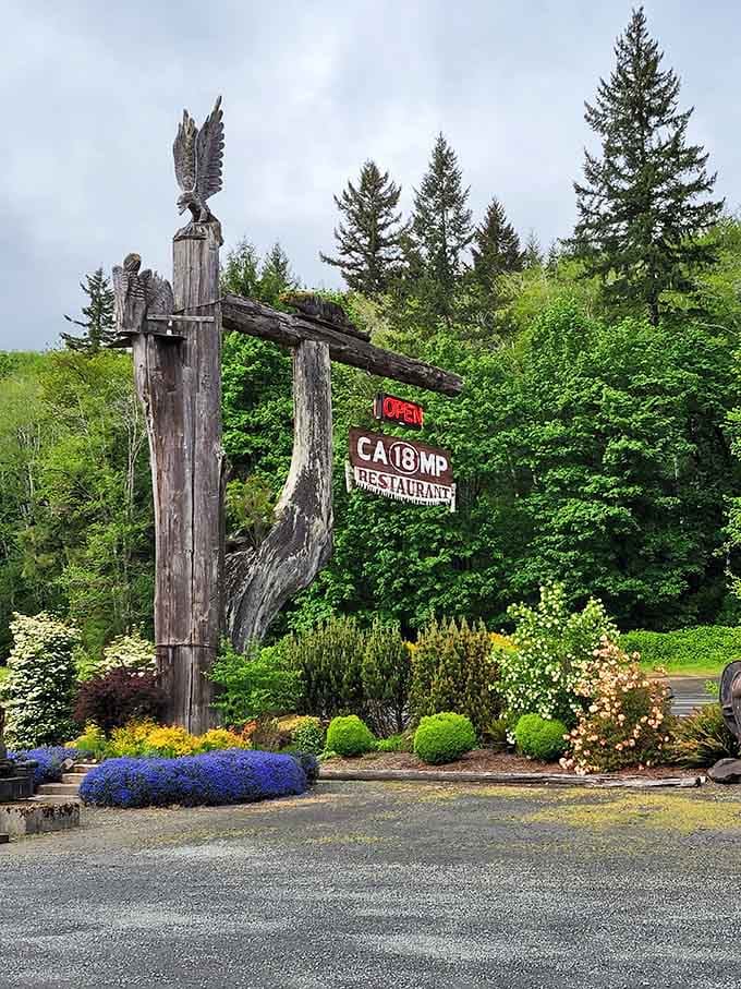 The entrance sign welcomes you with carved eagles and rustic lettering that promises an experience you won't soon forget or digest.
