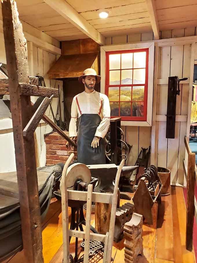 This blacksmith mannequin stands eternally ready at his forge, where horseshoes once sparked beneath his skilled hammer.