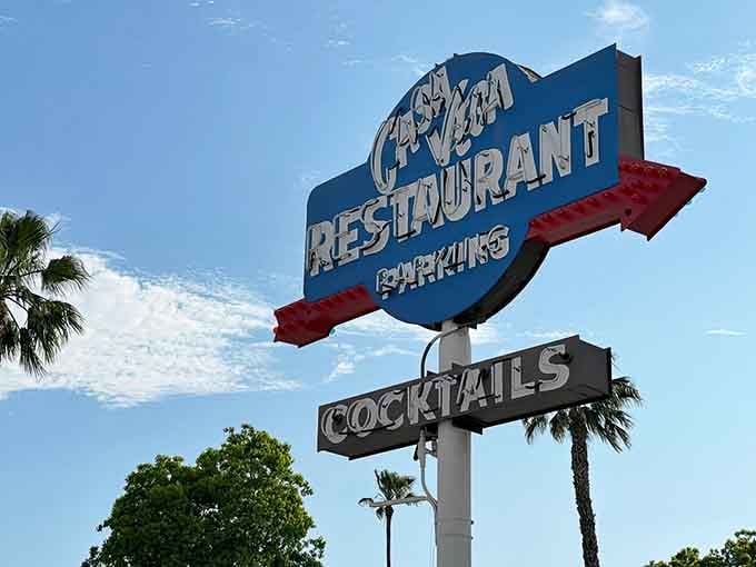 That vintage neon sign pointing the way has guided countless hungry travelers to Mexican food paradise since forever.