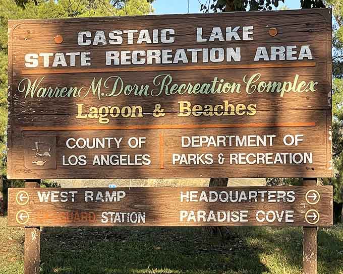 This welcoming sign points the way to Paradise Cove, which honestly isn't overselling what awaits beyond those wooden posts.