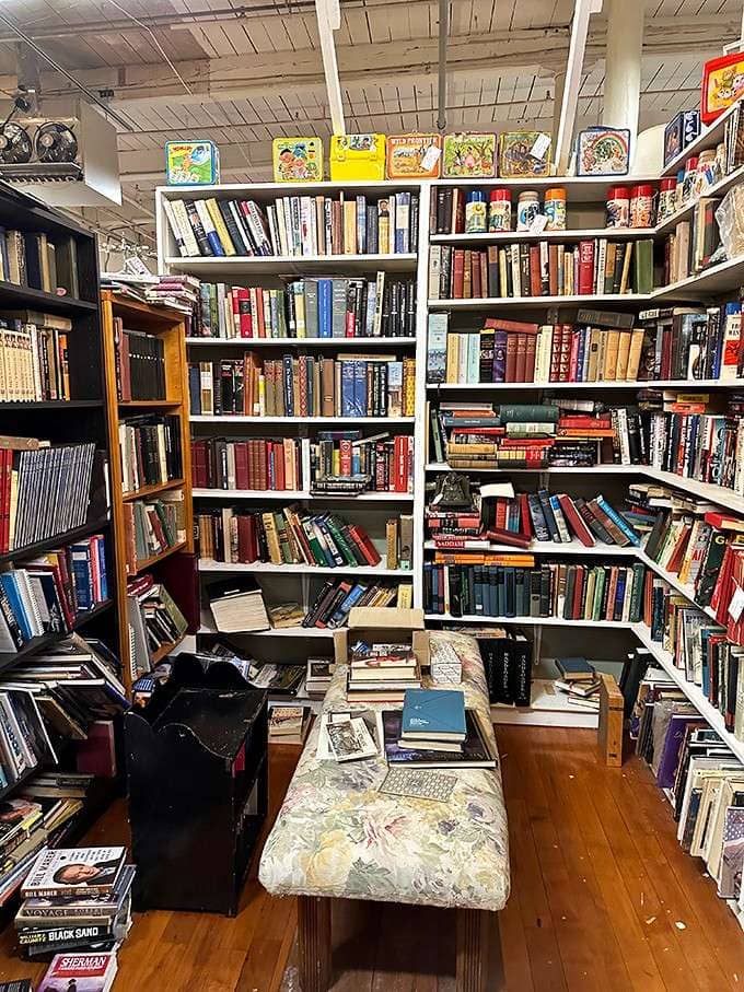 Floor-to-ceiling bookshelves overflow with literary treasures waiting to be rediscovered by their next devoted reader today.