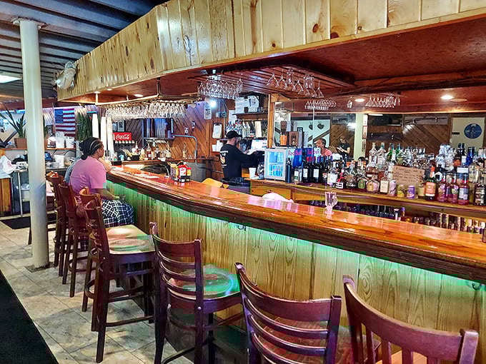 The welcoming bar at Catfish Deweys beckons with cold drinks and the promise of good times ahead.