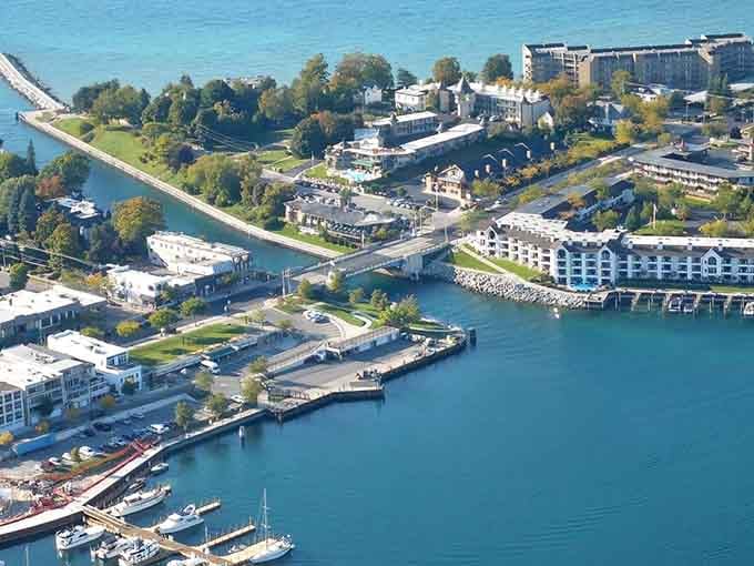 Aerial views revealing how water wraps around this village like nature planned the whole thing perfectly.