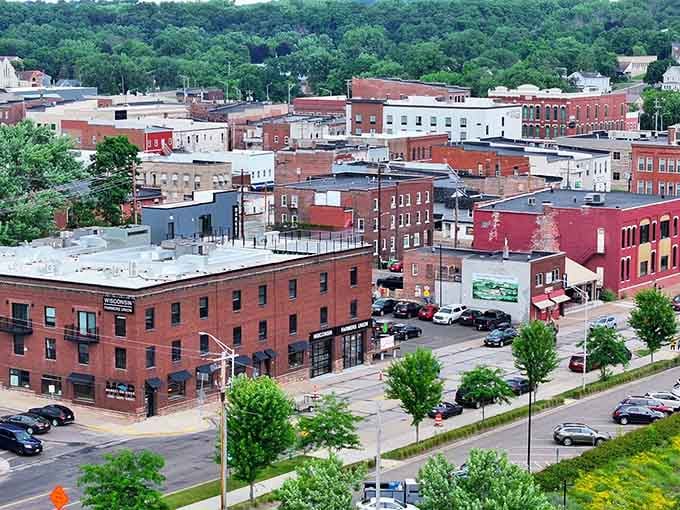 From above, Chippewa Falls reveals its red-brick heart, a downtown that's managed to keep its soul while moving confidently forward.