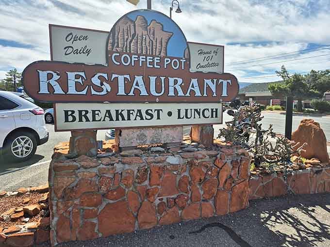 The roadside sign proudly declares "Home of 101 Omelettes" like it's challenging you to prove them wrong.