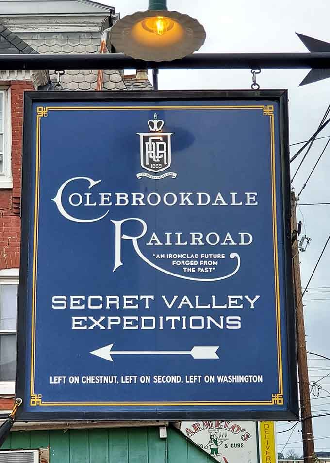 The Colebrookdale Railroad sign promises Secret Valley Expeditions, because apparently regular train rides weren't magical enough for Pennsylvania.