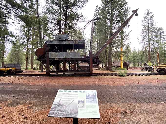 The McGiffert loader towers overhead, a mechanical marvel that revolutionized how logs moved from forest to mill.