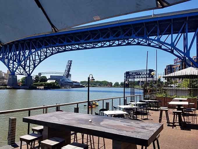 The outdoor patio overlooks the Cuyahoga River, offering views that make you forget you're dining in the middle of a city.