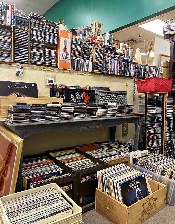 Vinyl records stacked high enough to soundtrack your entire life, assuming you still own a turntable.