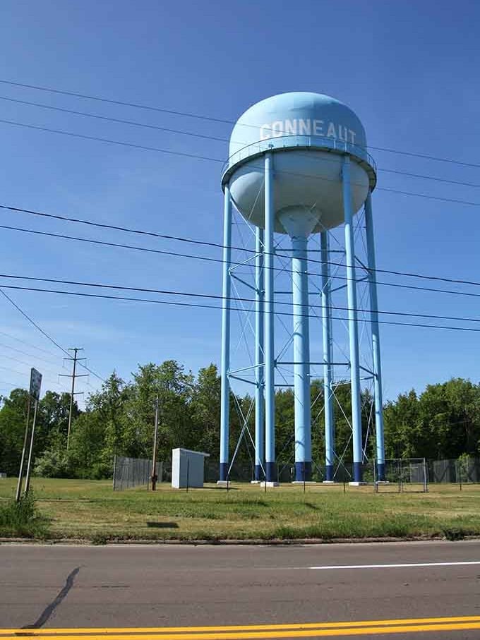 The water tower announces Conneaut to travelers, standing tall as a beacon welcoming newcomers to this affordable lakeside community.