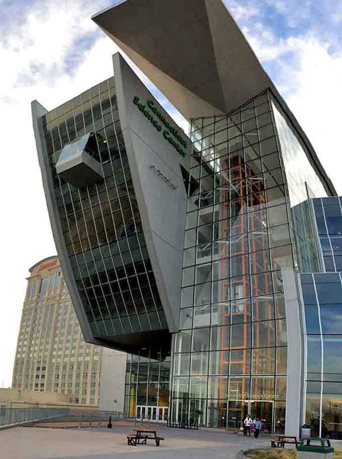 The building's exterior looks like it's trying to escape gravity itself, which seems appropriate for science.