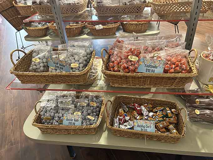 Sports-themed chocolates in wicker baskets make gift-giving easier than parallel parking on a busy street.