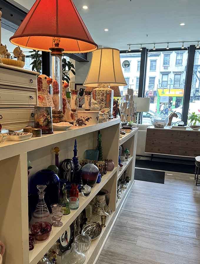 Vintage lamps casting warm glows on glassware, creating ambiance that'd make any decorator swoon appreciatively.