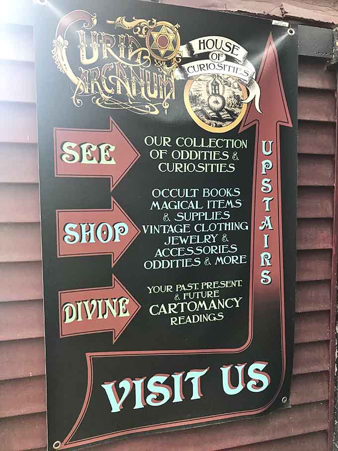 The exterior sign helpfully directs you toward oddities, books, magical items, and cartomancy readings all under one roof.