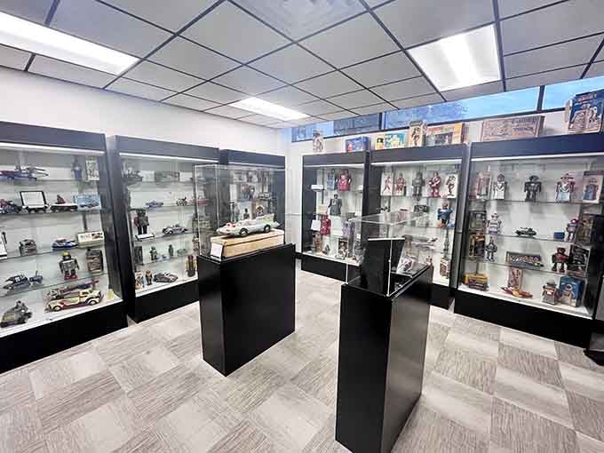 Glass cases filled with miniature marvels that represent decades of childhood dreams and collector obsessions.