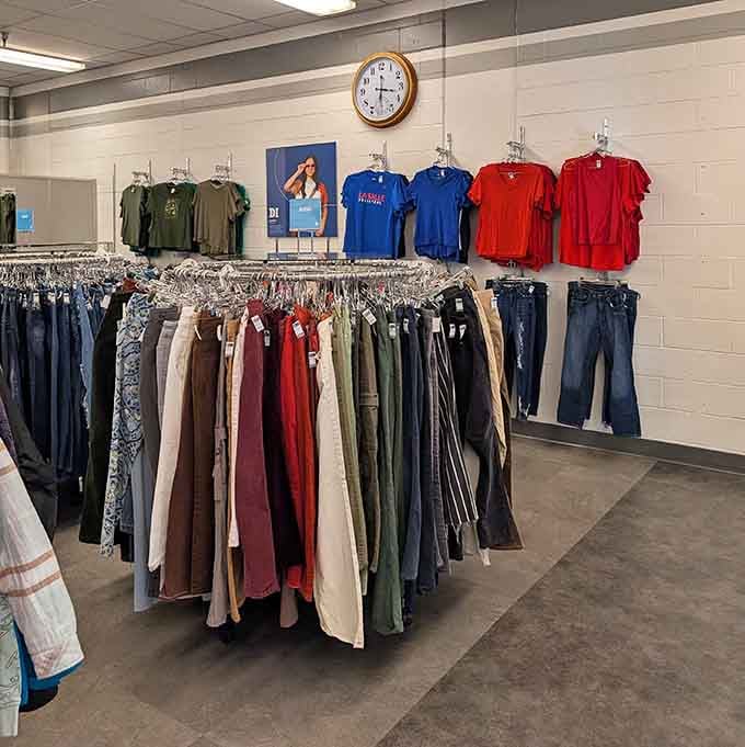 Circular racks of jeans and shirts offer variety without the department store markup or pretentious sales pitch.