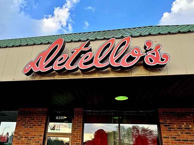 The bold red lettering against that green roof announces you've arrived at deep dish paradise, Minnesota style.