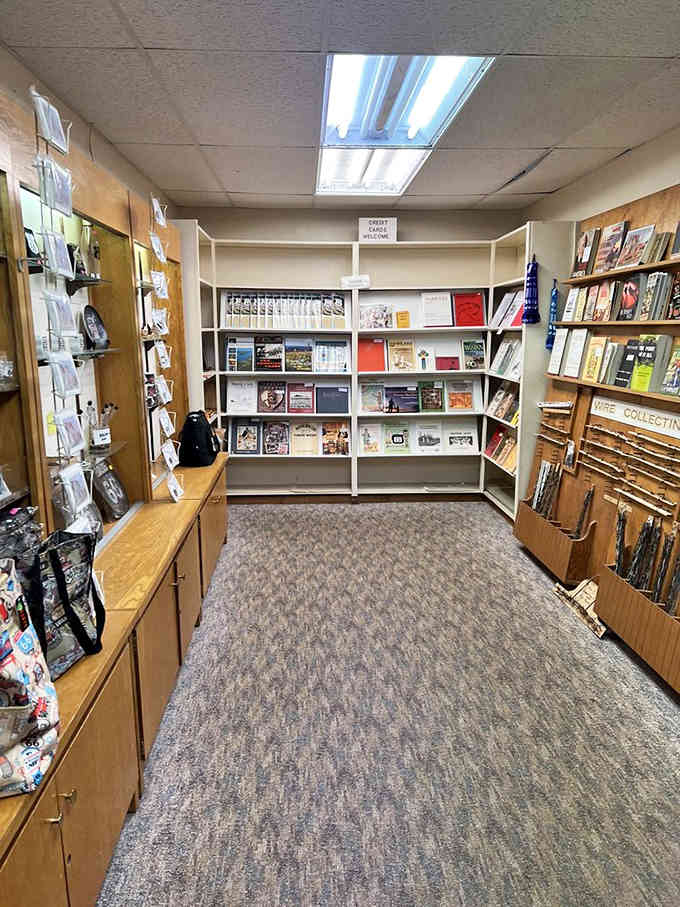 The gift shop offers books, souvenirs, and probably the only barbed wire merchandise you'll ever need in life.