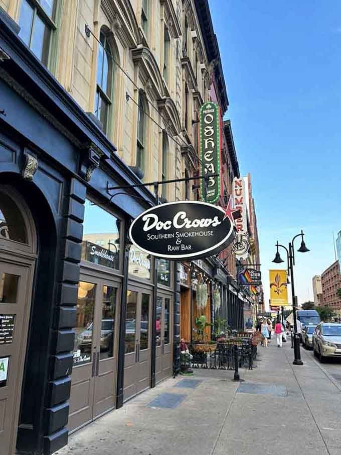 The Doc Crow's sign against Louisville's historic architecture is like a friendly handshake inviting you inside for serious eating.