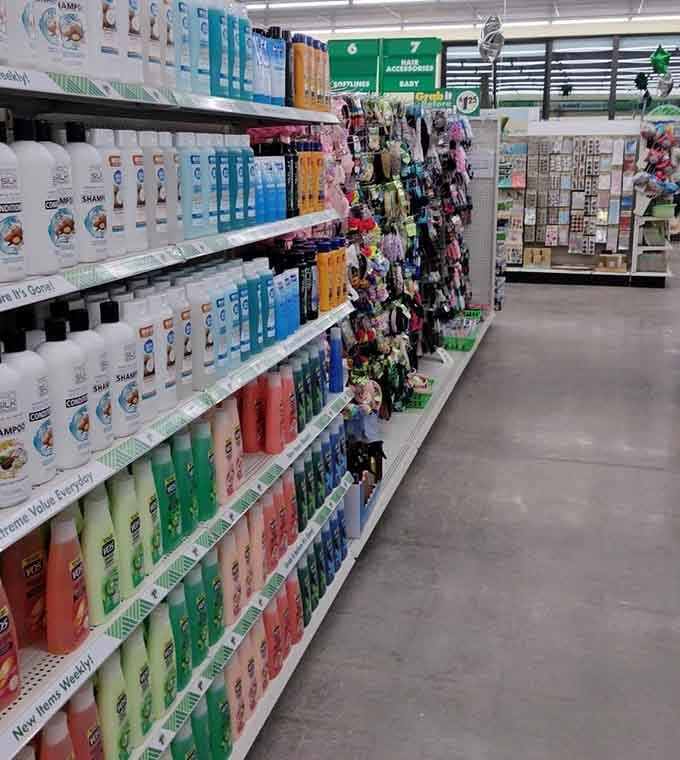 Hair care products line up like a salon supply store decided to have a permanent clearance sale.