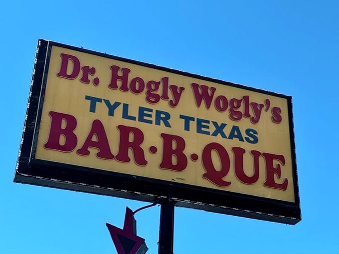 Dr. Hogly Wogly's sign stands proud, announcing Tyler Texas barbecue has found a permanent California home.