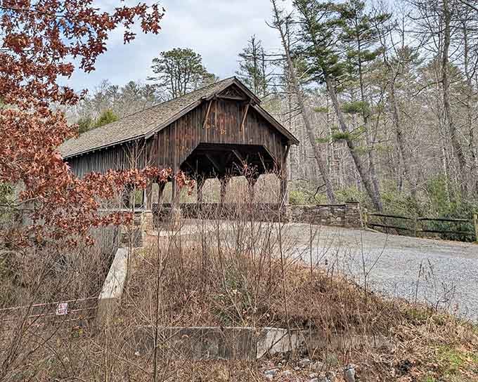 This rustic covered bridge stands sentinel over the forest, weathered wood telling stories of countless visitors seeking natural wonders.