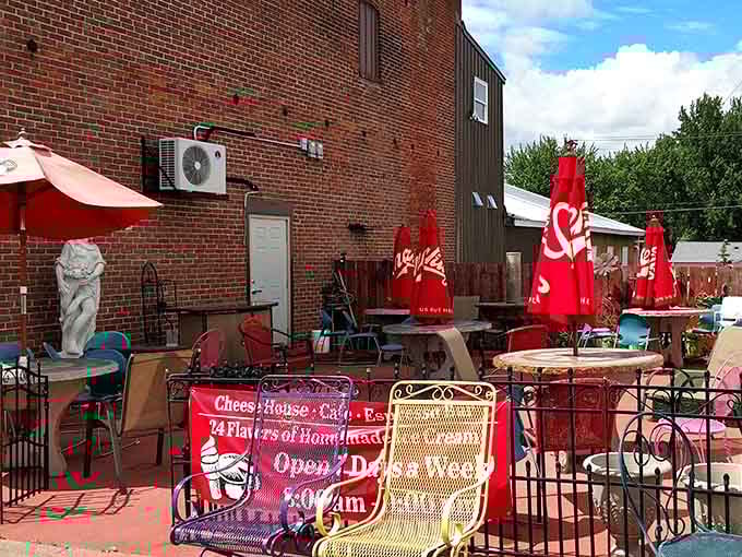The outdoor patio with colorful umbrellas transforms ice cream consumption into a proper warm-weather celebration.