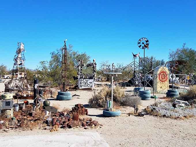 Towers of recycled materials reach skyward, proving that imagination needs no budget, just vision and determination.