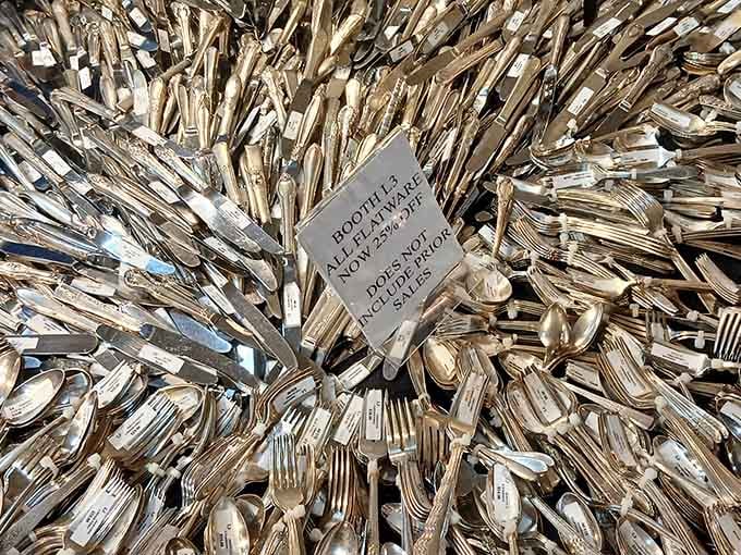 Mountains of silverware represent countless meals shared, celebrations toasted, and memories made around family tables.