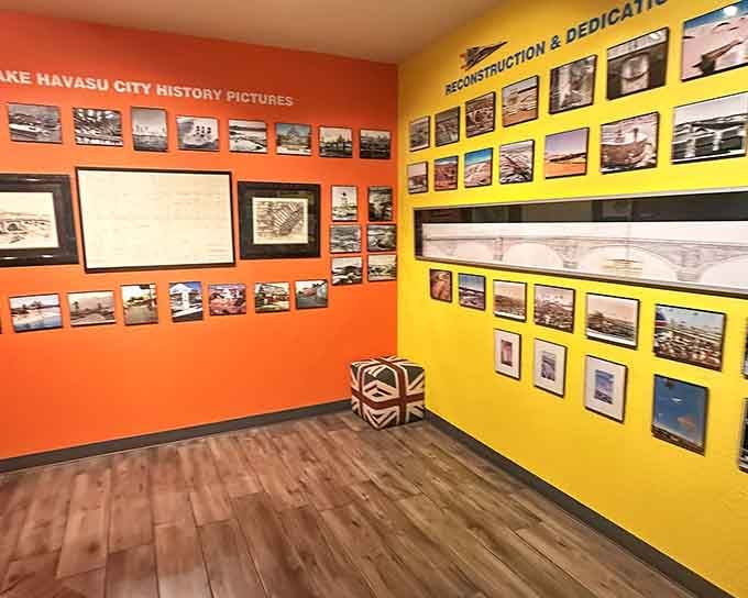 Bright walls showcase the bridge's incredible journey from London to Arizona, brick by numbered brick.