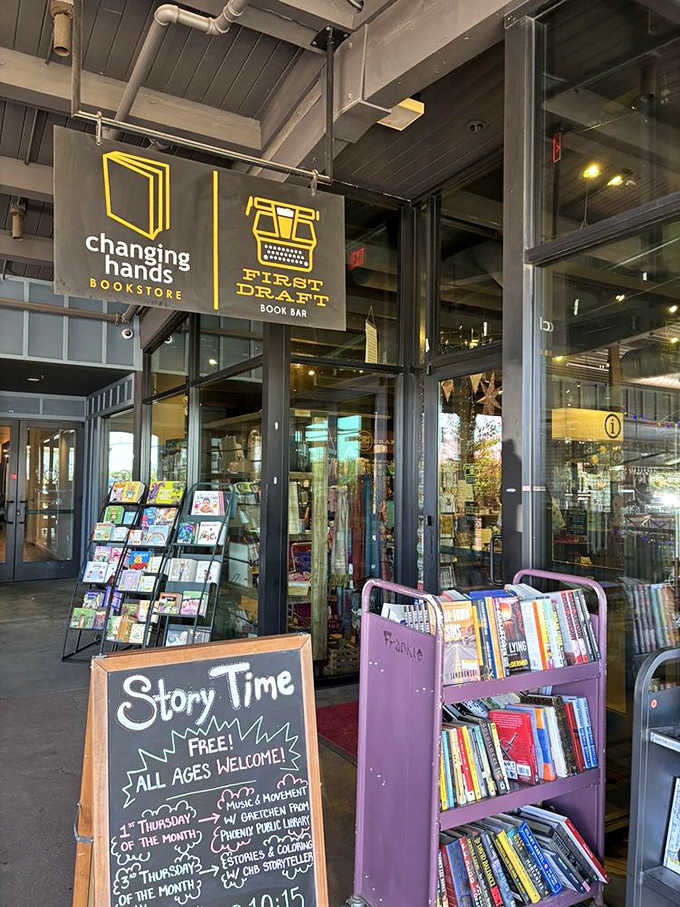 Story time welcomes all ages at this entrance, where community and books come together outside the doors.
