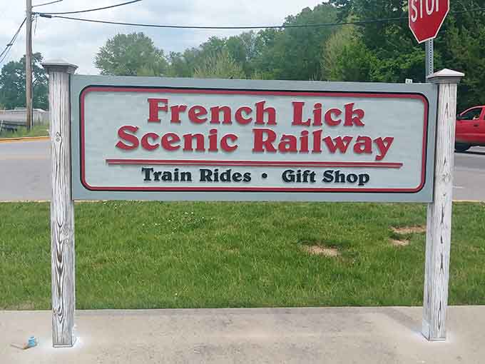 Simple signage marking extraordinary experiences, because French Lick doesn't need flashy marketing when you've got actual magic on rails.