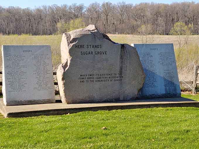 This memorial stone honors Sugar Grove's history, connecting present-day visitors to the land's rich past and enduring legacy.