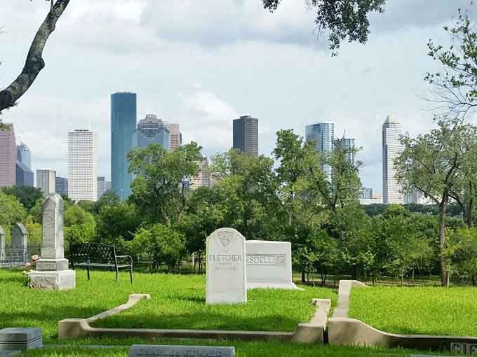 Modern skyscrapers peek through century-old trees, reminding you that Houston's history and future coexist in surprising harmony here.