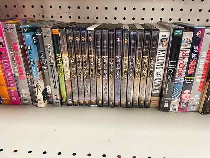 Complete DVD series line the shelves, offering binge-watching opportunities before streaming made everything disappear into the cloud.