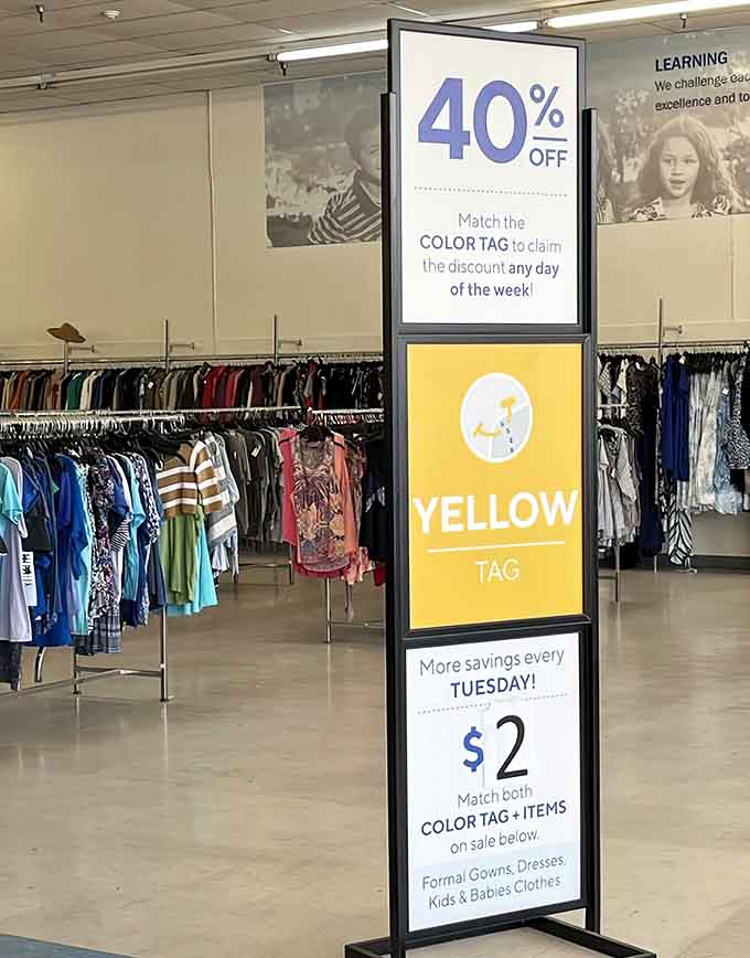 Color-coded discount signs make shopping here feel like a game show where everybody wins substantial savings.