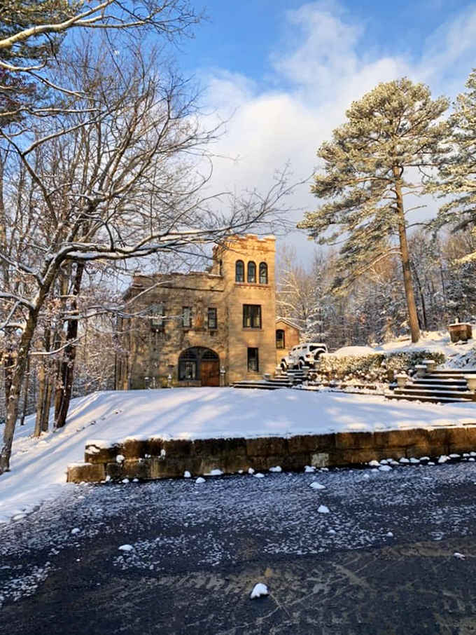 Fresh snow blankets the grounds, transforming this Missouri castle into a scene from a Currier and Ives print.