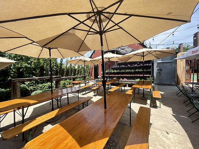 Outdoor dining under umbrellas in Germantown, where good weather and great food create the perfect Louisville morning.