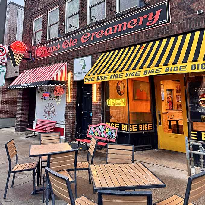 Outdoor seating on Grand Avenue where you can people-watch, cone-lick, and soak up the neighborhood vibes all at once.