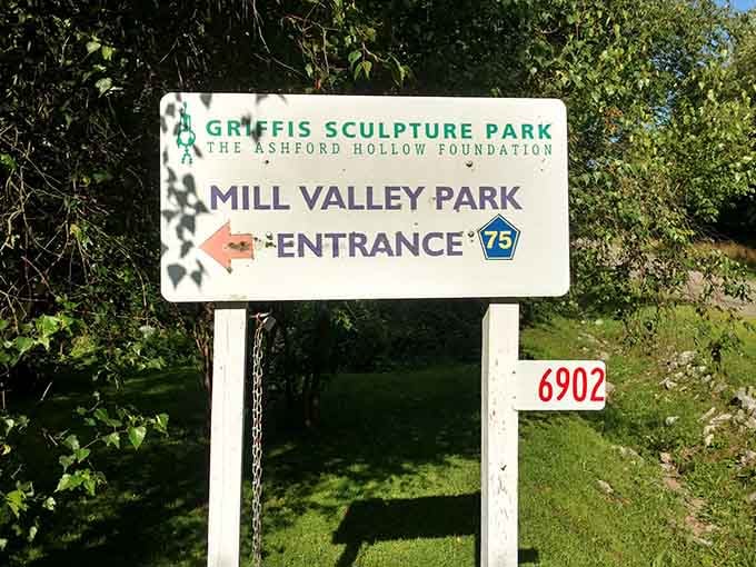 Simple signage points the way to Mill Valley Park, where hundreds of sculptures await your discovery.