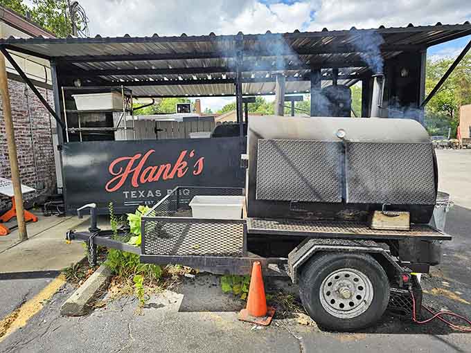The smoker where all the magic happens, working tirelessly to transform good meat into absolutely transcendent barbecue perfection daily.