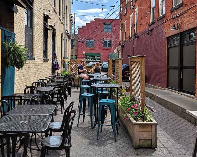 The outdoor patio offers fresh air, good company, and the perfect setting for enjoying fried chicken under the sky.