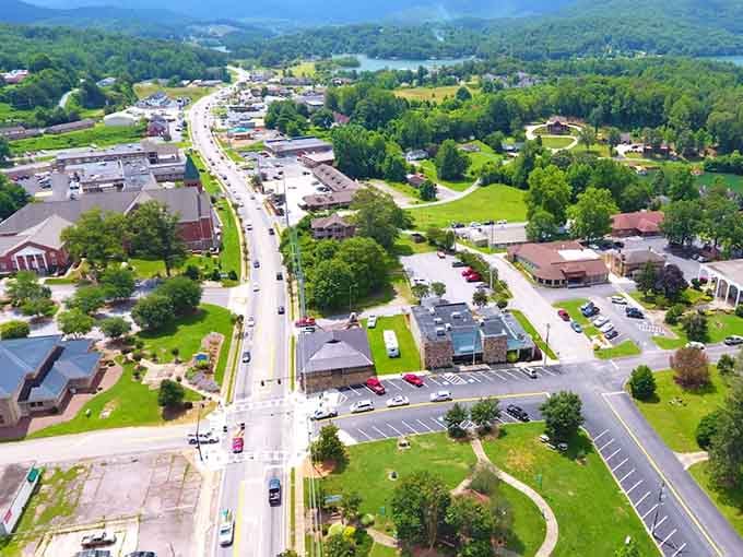 The aerial view reveals Hiawassee's secret: it's perfectly positioned between lake and mountains, like someone planned it that way.