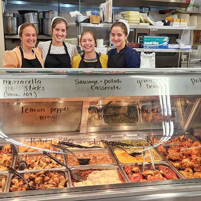 The hot food counter where comfort classics await hungry travelers and locals who know what's good for them.