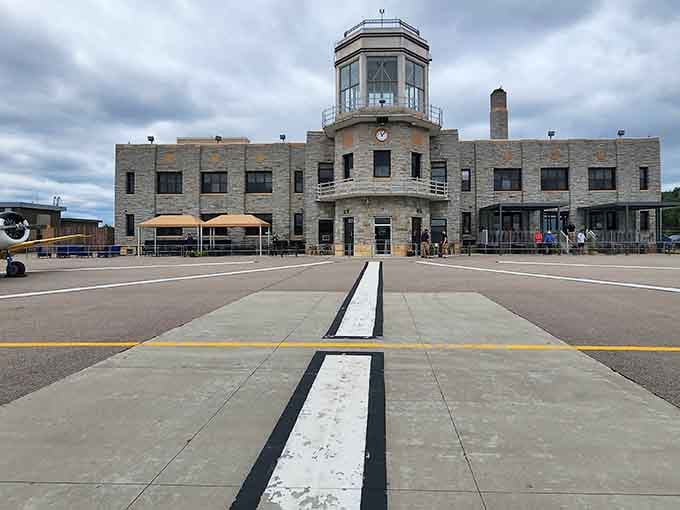The full exterior reveals this former airport terminal's transformation into one of St. Paul's most distinctive dining destinations.