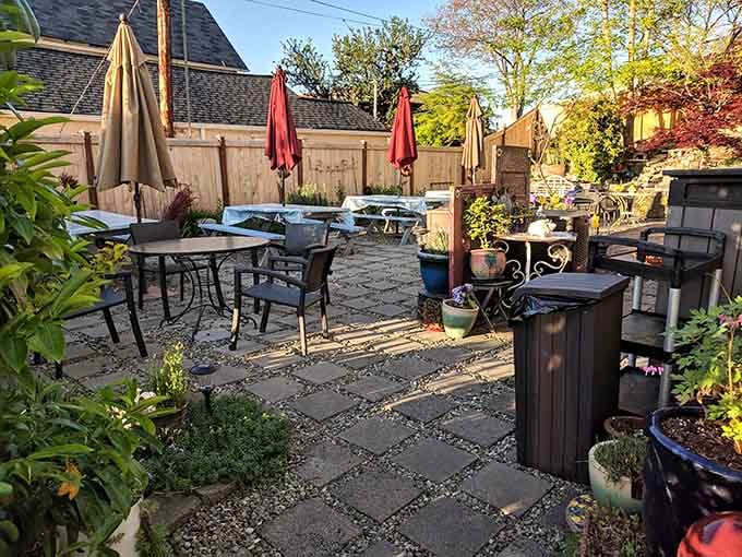The outdoor patio offers fresh air dining among plants and pavers for those perfect Washington weather days.