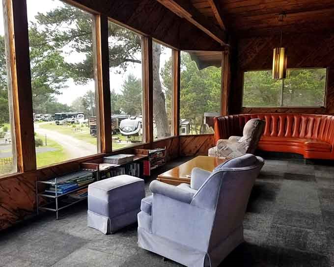 Windows overlooking the campground from the clubhouse lounge&mdash;relaxation with a view, Oregon coast style.