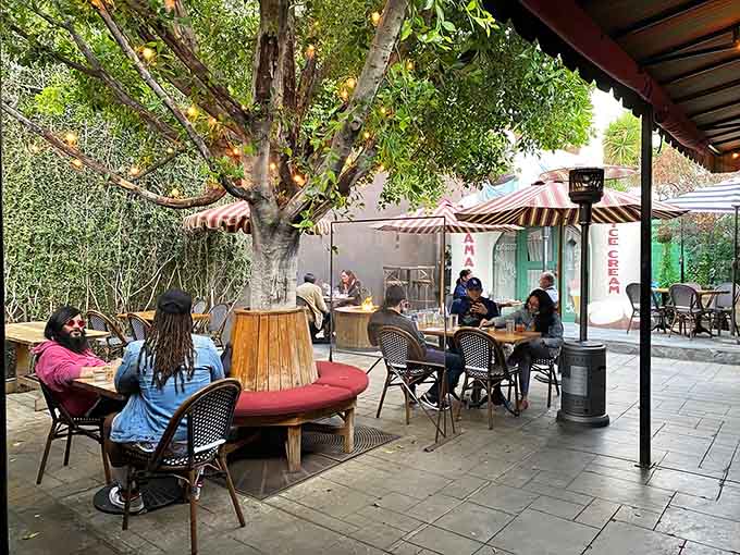 The back patio offers al fresco dining under the watchful eye of the magnificent barrel, because even outside you can't escape it.